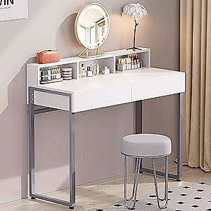 GreenForest 39.4 inch Vanity Desk with 2 Drawers and 3 Storage Spaces and Queen Size Bed Frame with Headboard Easy Assemble Metal Platform Bed Base with Heavy Duty Support Mattress Foundation