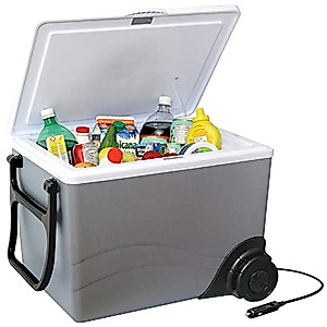 Koolatron Thermoelectric Iceless 12V Cooler/Warmer 36 qt (34 L) w/Wheels, Portable Electric Rolling Car Fridge w/ 12 Volt DC Power Cord, Gray/White, Travel Road Trips Camping, Made in North America