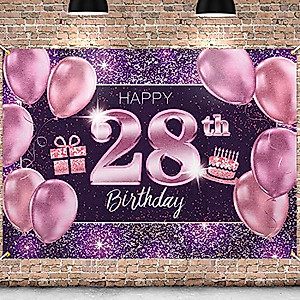 PAKBOOM Happy 28th Birthday Banner Backdrop - 28 Birthday Party Decorations Supplies for Women - Pink Purple Gold 4 x 6ft