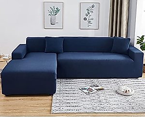 IMYOGI High Stretch Sofa Covers High Stretch Sofa Cover L Shape Stylish Sofa Slipcovers Solid Color Jacquard Fabric with Non Skid Foam Couch Covers for Living Room -Blue-4 Seater+4 Seater