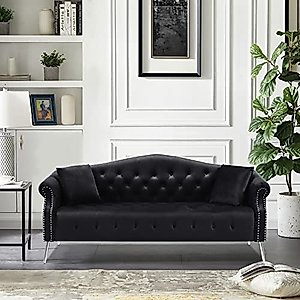 LIADTOP, 78.7" Classic Chesterfield Velvet Sofa Contemporary Upholstered Couch with Button Tufted and Rolled Arms, 2 Pillows Included, 3 Seater, Black
