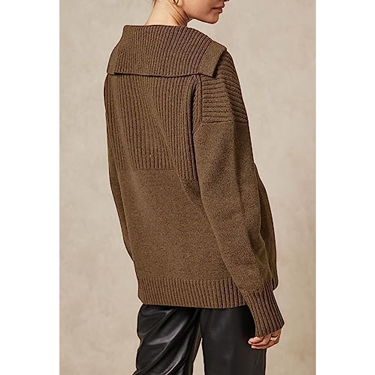Women's 2023 Fall Casual Oversized Pullover Sweaters Lapel Collar V Neck Long Sleeve Ribbed Knit Jumper Tops Brown M