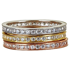 Sterling Silver Tricolor Round Channel Set Stack Cubic Zirconia Ring