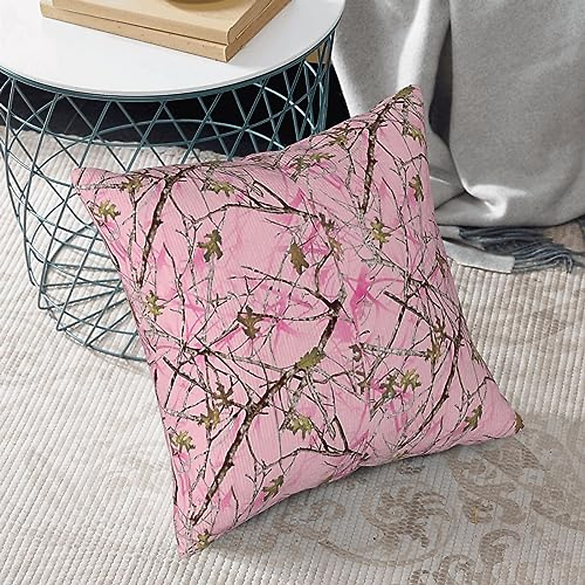 Pink Leaves Camo Throw Pillow Covers Corduroy Pillowcases Soft Square Cushion Case Decorative Cushion Covers for Bedroom Sofa Farmhouse 16"x16"