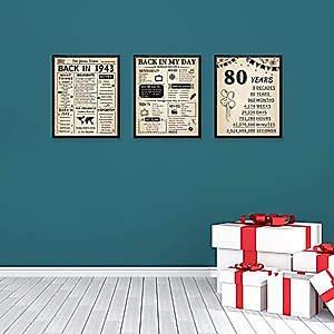 HOMANGA 80th Birthday Decorations for Men and Women, 3 Pieces Vintage 80th Birthday Anniversary Posters, Back in 1943 Party Decoration Supplies, 80th Gifts for Men and Women 8x10 Inch