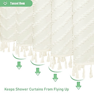 Dynamene Boho Farmhouse Shower Curtain, Cream Fabric Tufted Chevron Striped Textured Tassel Shower Curtains for Bathroom, Water Repellent, Minimalist Ruffled Cloth Shower Curtain Set with Hook, 72x72
