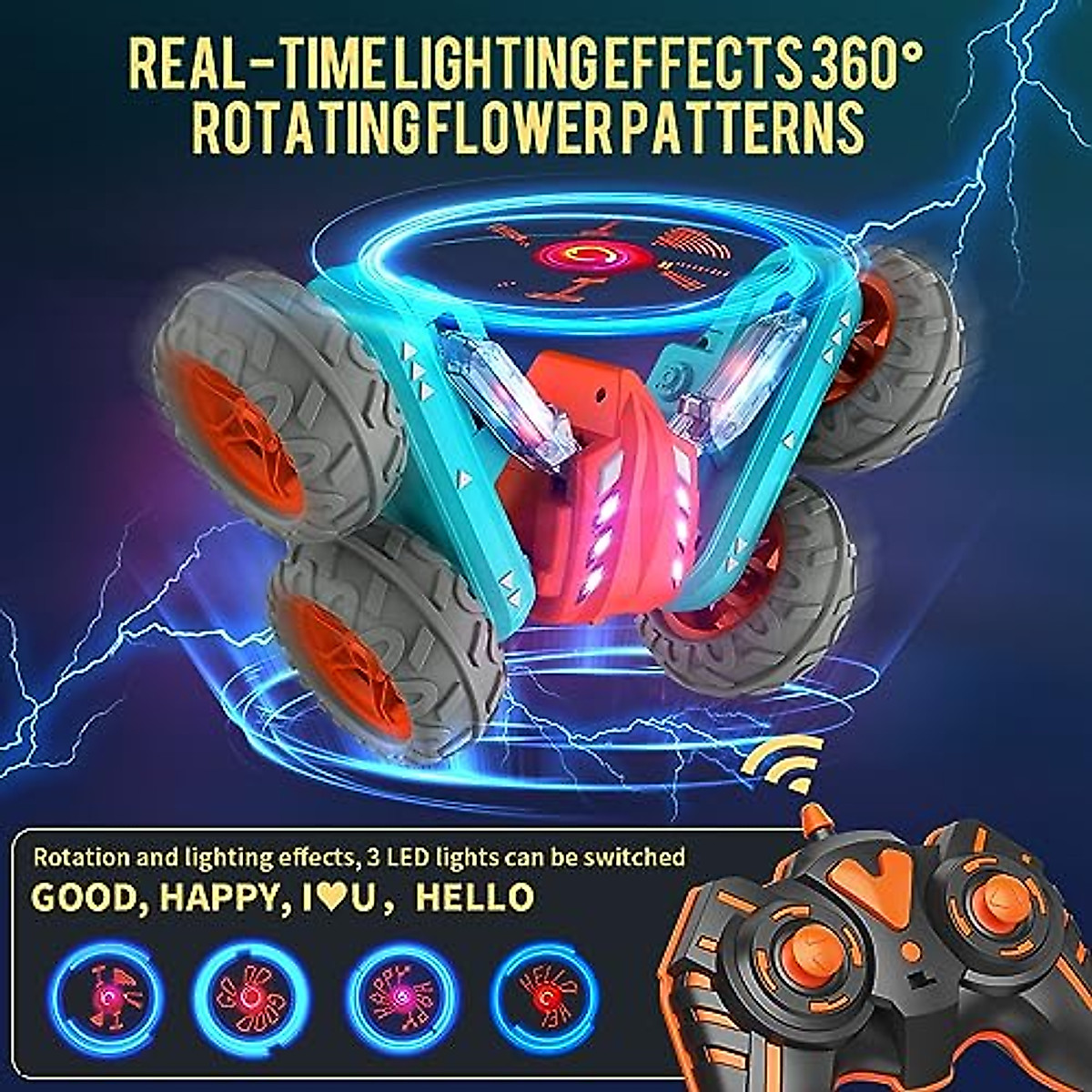 Abifny Remote Control Car -RC Stunt Car,Stunt Truck 2.4Ghz Race Toy Double Sided Rotating 360° Flips, with LED Indoor Outdoor All Terrain Rechargeable Electric Toy Cars Gifts for Boys Kids