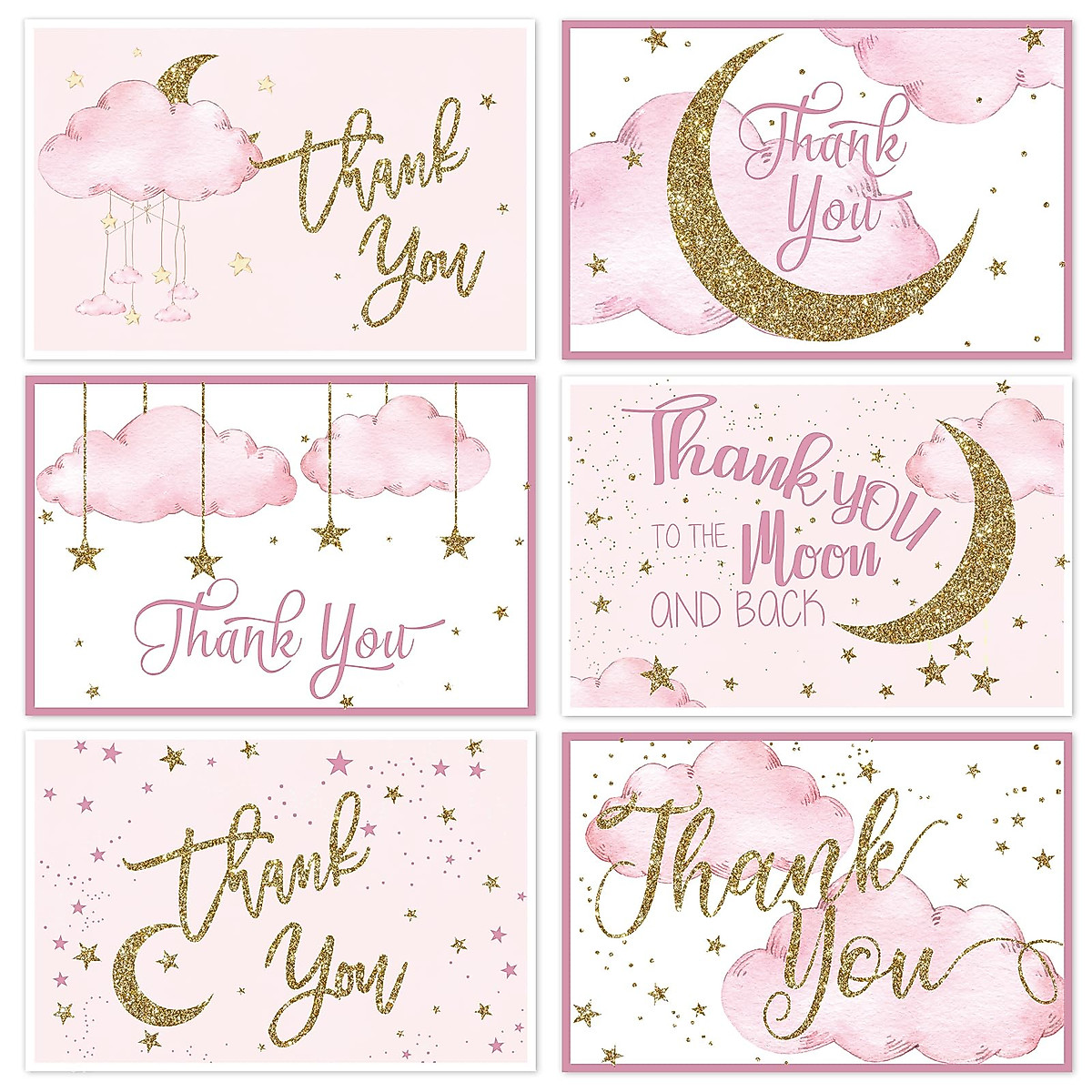 Whaline 36 Pack Pink Baby Shower Thank You Cards with Envelopes Matching Seal Stickers Glitter Starry Twinkle Moon Blank Note Cards for Birthday Supplies
