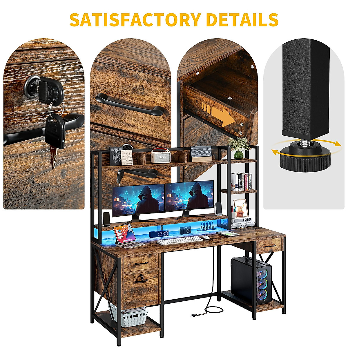 DWVO Computer Desk with Drawers & Hutch, 59.1" Office Desk with Power Outlets & LED Lights, Home Office Desk with Storage Shelves, Rustic Brown