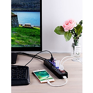 USB 3.0 Hub - Tendak 7 USB 3.0 Data Ports + 3 USB Smart Charging Ports with Individual On/Off Port Powered 10 Port USB Hub for PC Mac PS4 Xbox One XPS Surface Pro