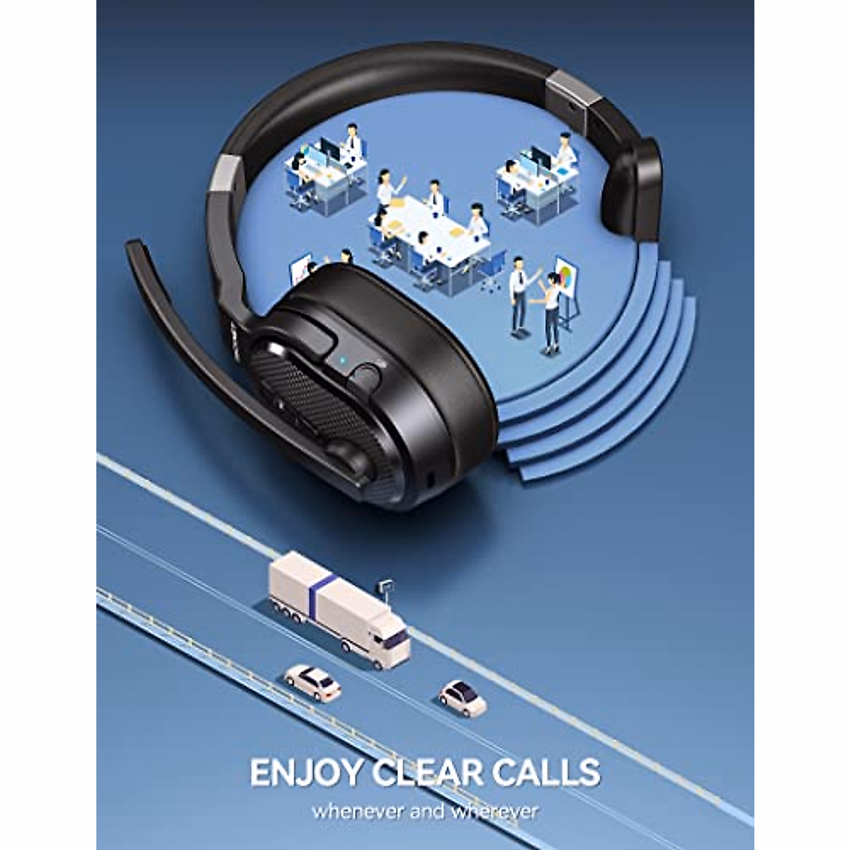 TECKNET Trucker Bluetooth Headset, Over-Ear 70h AI Noise Canceling Wireless Headphones with Microphone, Comfort ENC Bluetooth Headset with Dongle & Mute for PC Phone Laptop Office Home Skype Zoom