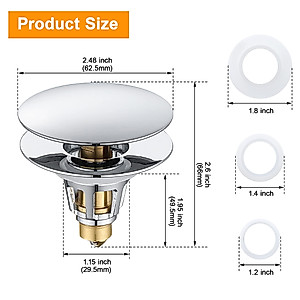 𝐓𝐈𝐎𝐑𝐈𝐘 Universal Bathroom Sink Stopper - 1.1~1.5" Sink Drain Stopper, Full-Size Bounce Bullet Type Pop Up Basin Drain Strainer, Chrome Anti-Clogging Sink Drain Filter with Hair Catcher (Silver)