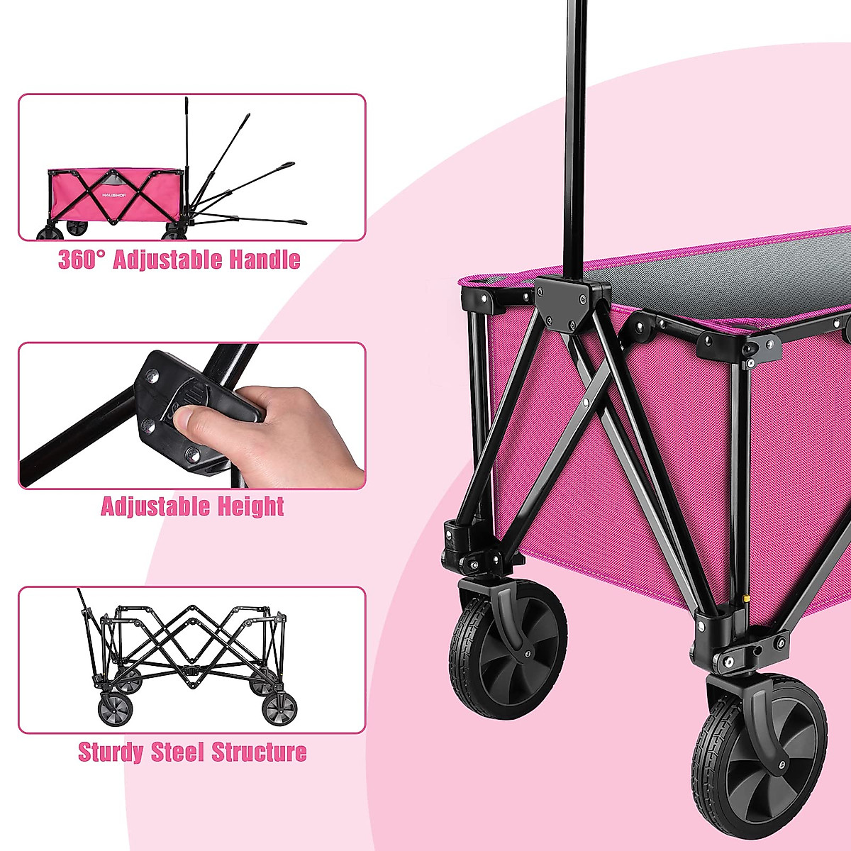 HAUSHOF Heavy Duty Collapsible Wagon, Folding Outdoor Utility Wagon, Camping Garden Beach Cart with Universal Quick Release Wheels, Adjustable Handle, 176 lbs Load Capacity, Pink