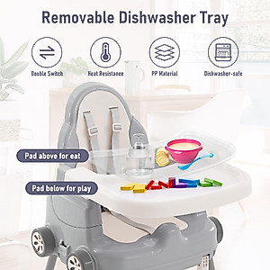 High Chairs for Babies and Toddlers, Portable 3 in 1 High Chair, Adjustable Convertible Compact Infant Baby Feeding Chair Booster with Detachable Double Tray, 5 Point Harness, Foot Rest Gray
