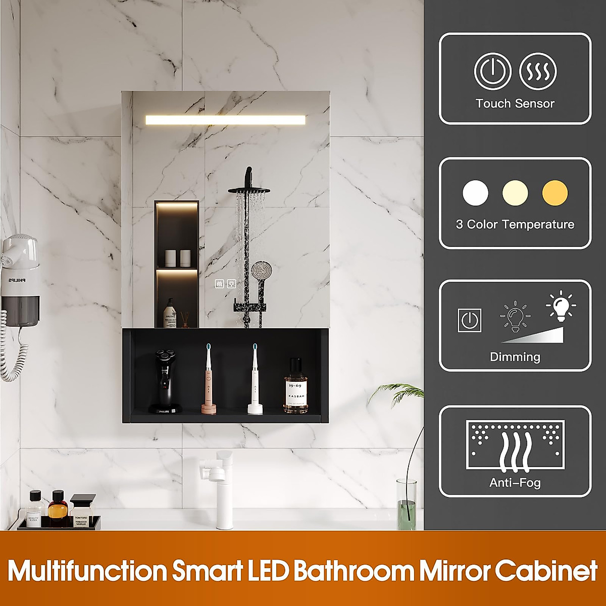 Medicine Cabinet with Lights,LED Medicine Cabinet Black for Bathroom with Defogger,Dimmer, Lighted Mirror Cabinet for Bathroom with Open Shelf, Wall Mount