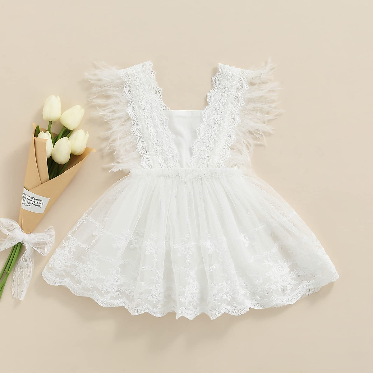 Newborn Baby Girl Lace Tassel Dress Ruffles Sleeve Backless Princess Tutu Dresses Sundress with Bowknot