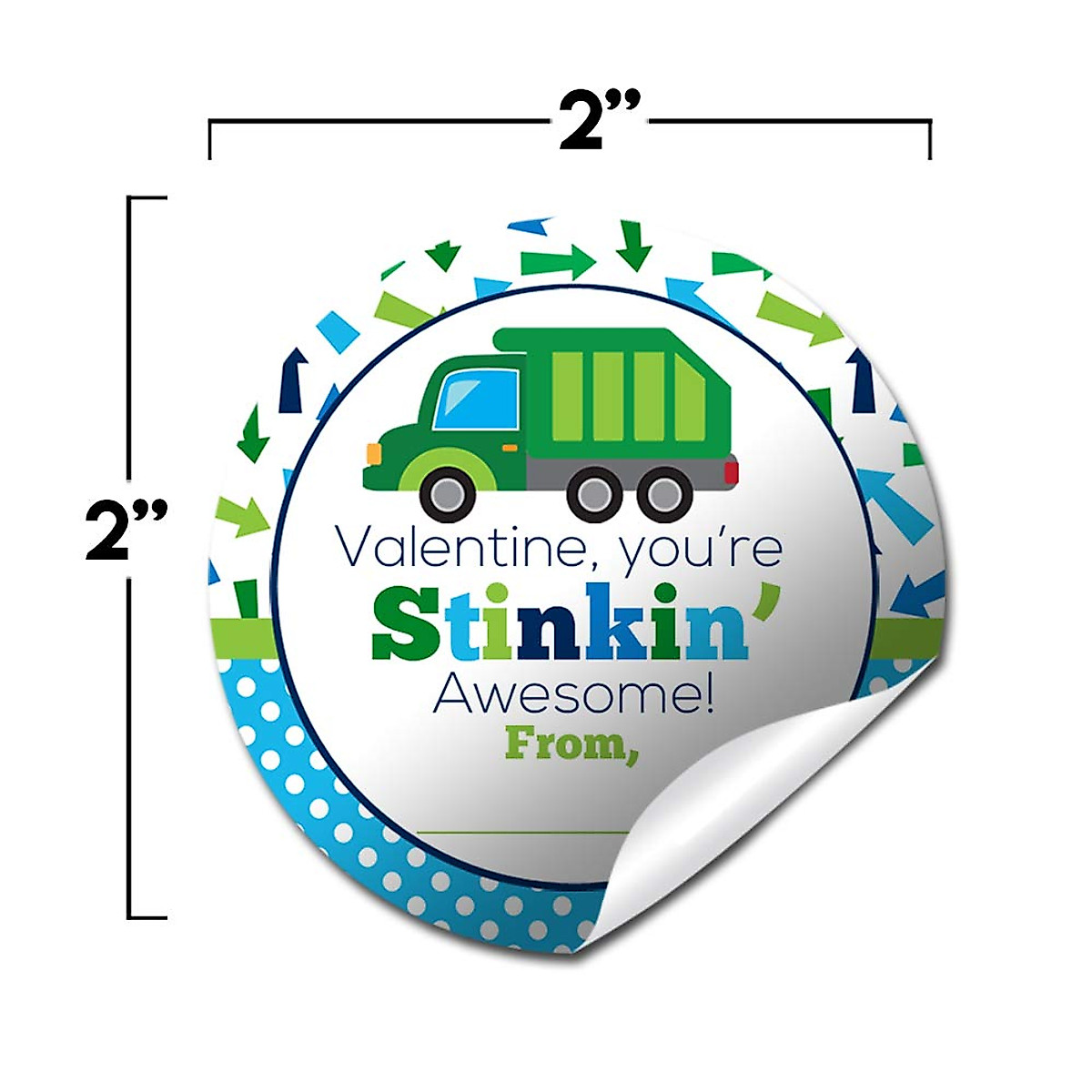 Garbage Truck Vehicle-Themed Valentine Party Favor Sticker Labels, 40 2" Party Circle Stickers by AmandaCreation, Great for Classroom Valentines, Envelope Seals, Gifts & Treats