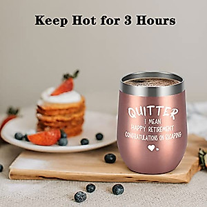 GINGPROUS Retirement Gifts For Women, Quitter I Mean Happy Retirement, Retirement Gifts for Coworker Colleague Office BFF, 12oz Insulated Stainless Steel Wine Tumbler with Lid and Straw, Rose Gold