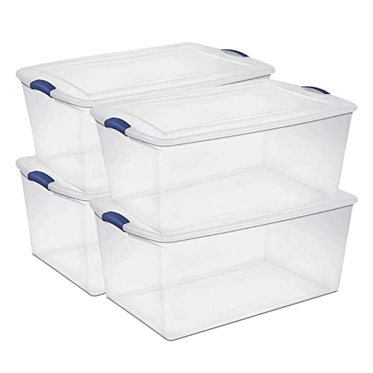 REBESCO 4 Pack Latch Box Plastic 105 Qt, Clear Plastic Storage Bins with Lid, White & Blue