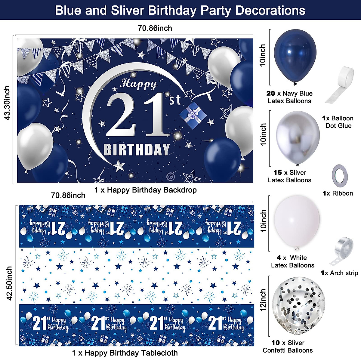21st Birthday Decorations for Her & Him - Blue Party Supplies & Backdrop