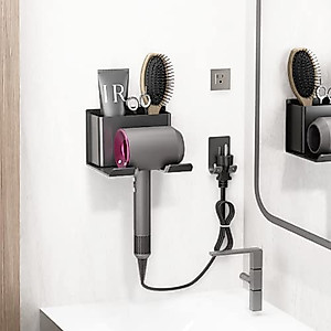 susswiff Hair Dryer Holder, with Caddy and Plug Hook, Metal Blow Dryer Holder Wall Mount, Self-Adhesive Extra Sticky, Hair Rack for Hair Care Product, Small Straightener Curling Iron Hot Tool, Grey