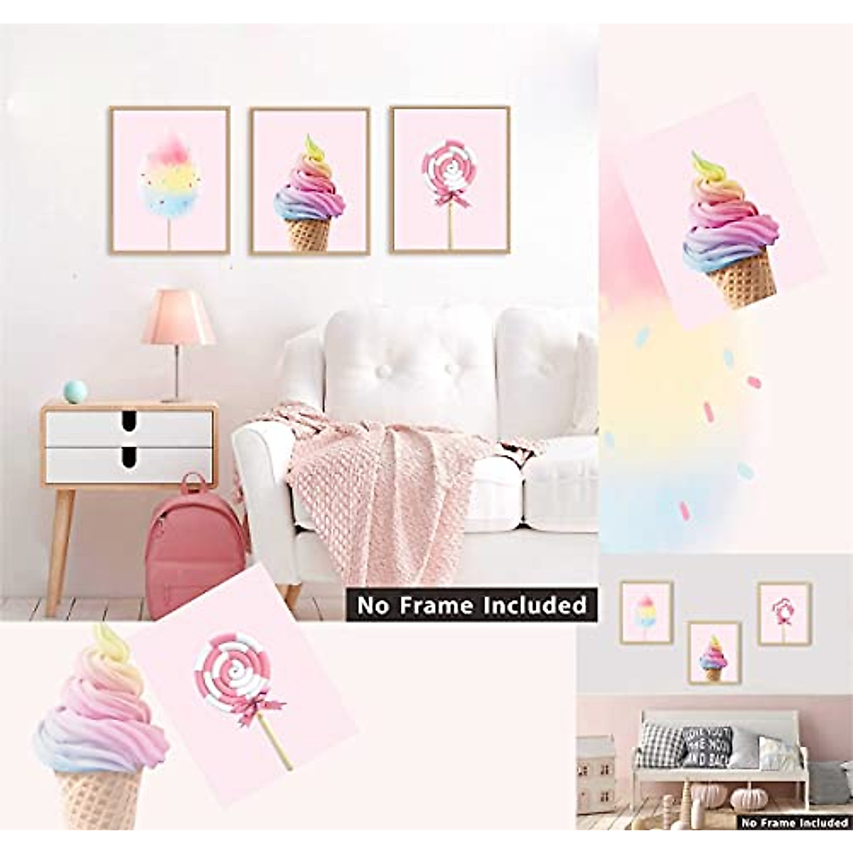 Barri Design Candy Poster Rainbow Ice Cream Cotton Candy Wall Art Decor Girls Bedroom Wall Decor Modern Art Pink Poster Kids Room Decor(UNFRAMED)