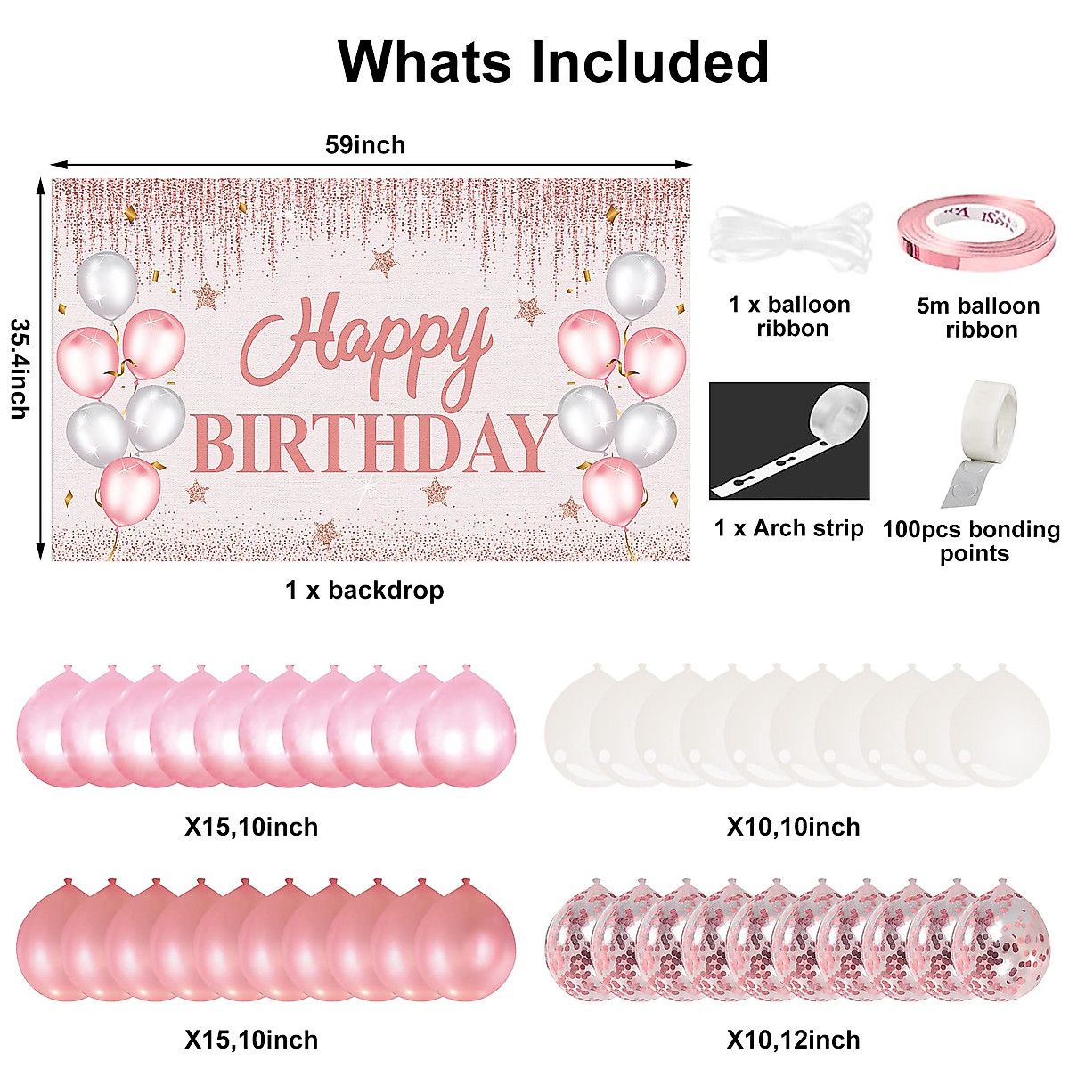 Pink Birthday Banner with Balloon Garland Arch Decorations Set, Pink Rose Gold Happy Birthday Backdrop Balloons Kit Party Supplies for Girls Women, Pink 16th 21st 30th 40th 50th 60th Bday Background