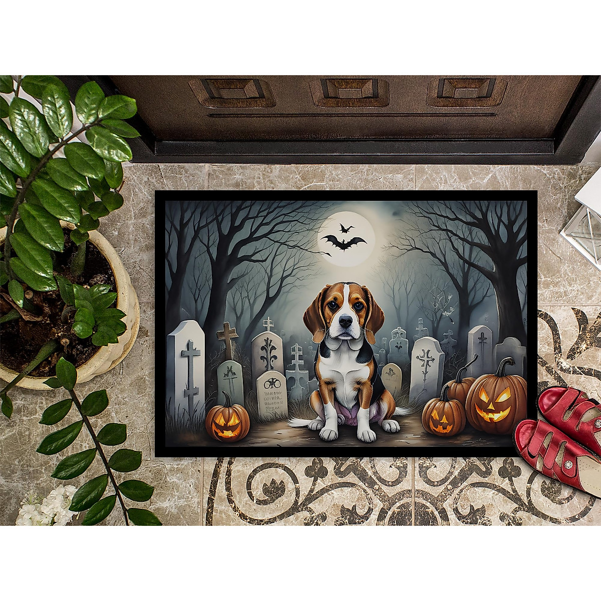 Caroline's Treasures DAC2011MAT Beagle Spooky Halloween Doormat 18x27 Front Door Mat Indoor Outdoor Rugs for Entryway, Non Slip Washable Low Pile, 18H X 27W