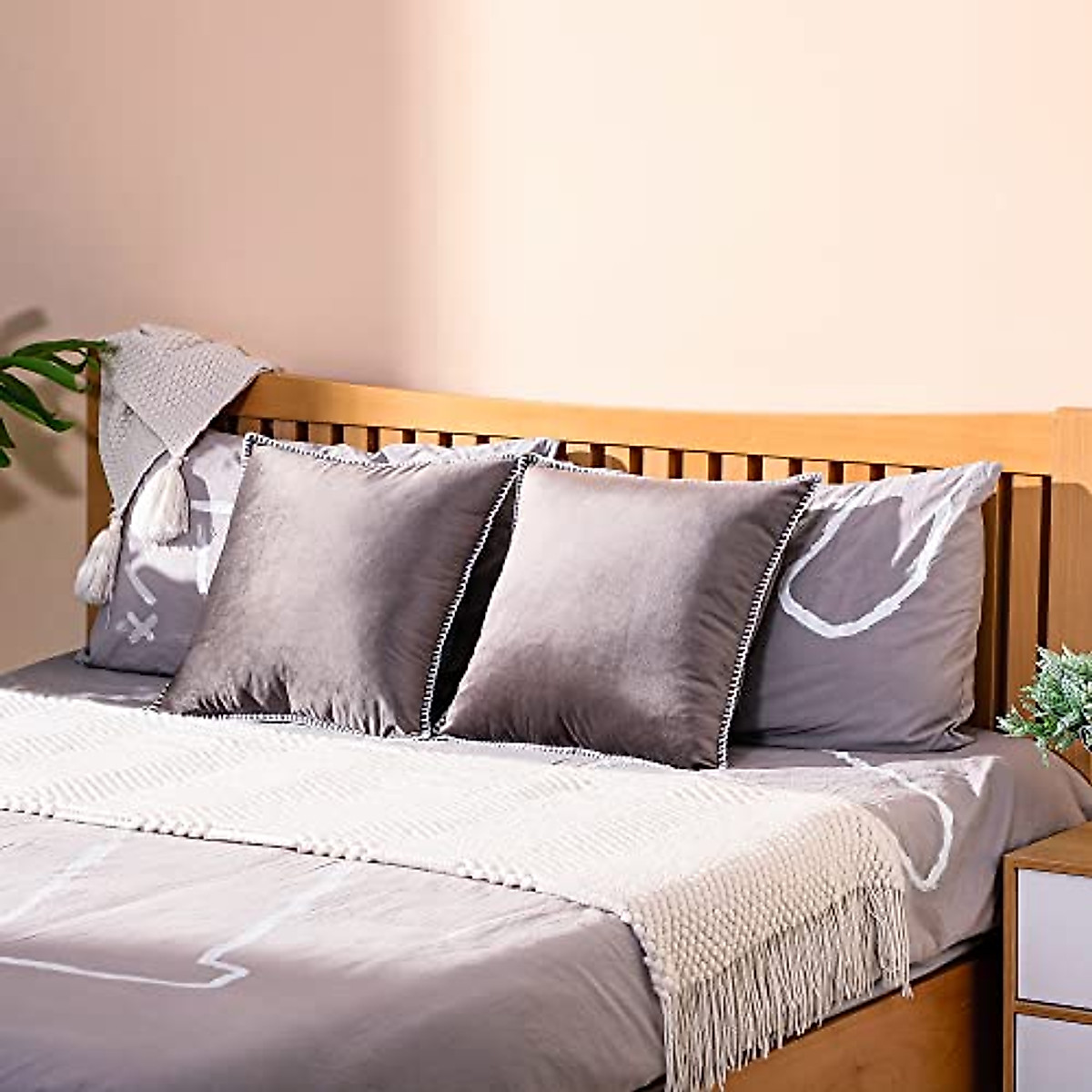 GAWAMAY Solid Soft Velvet Farmhouse Spring Pillow Covers 18x18 Set of 2,Decorative Green Throw Pillows with Chenille Edge,Square Boho Couch Pillows for Living Room Sofa Couch Beding(45x45cm) Green