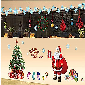 LONGTEN Christmas Windows Static Stickers Clings Santa Claus Snowman Deer Snowflake Removable Vinyl Christmas Tree DIY Window Door Mural Decal Sticker for Showcase A