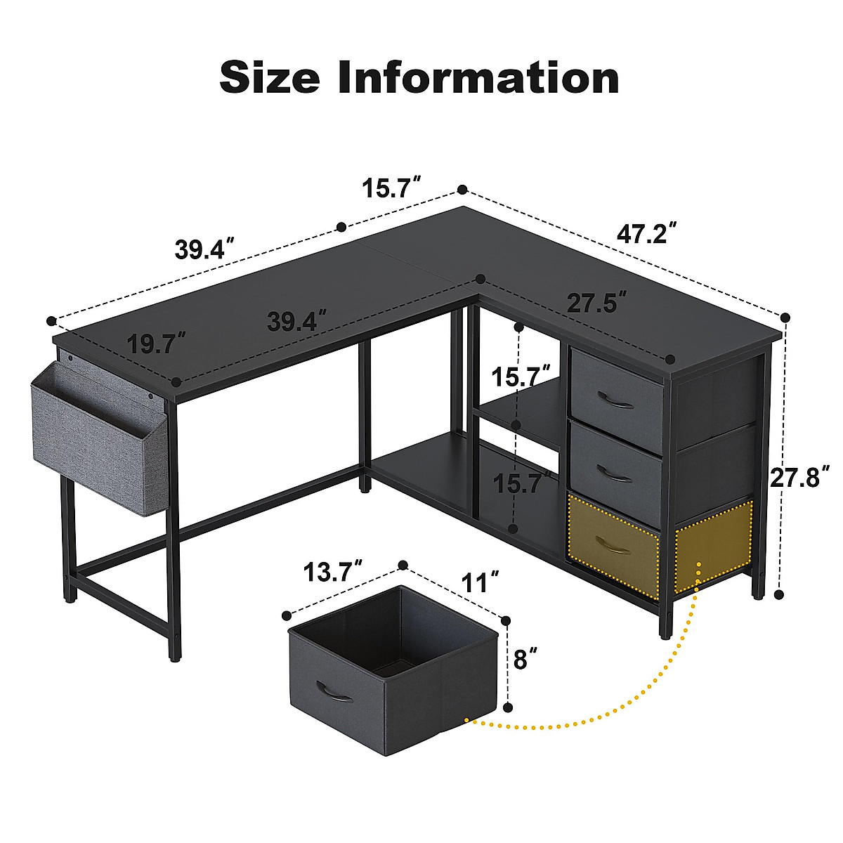 Treesland L Shaped Desk with Drawers, Computer Desk with Storage & Shelves, Corner Desk with Storage, Home Office Desks with Drawers, L Shape Desks with Storage, Black