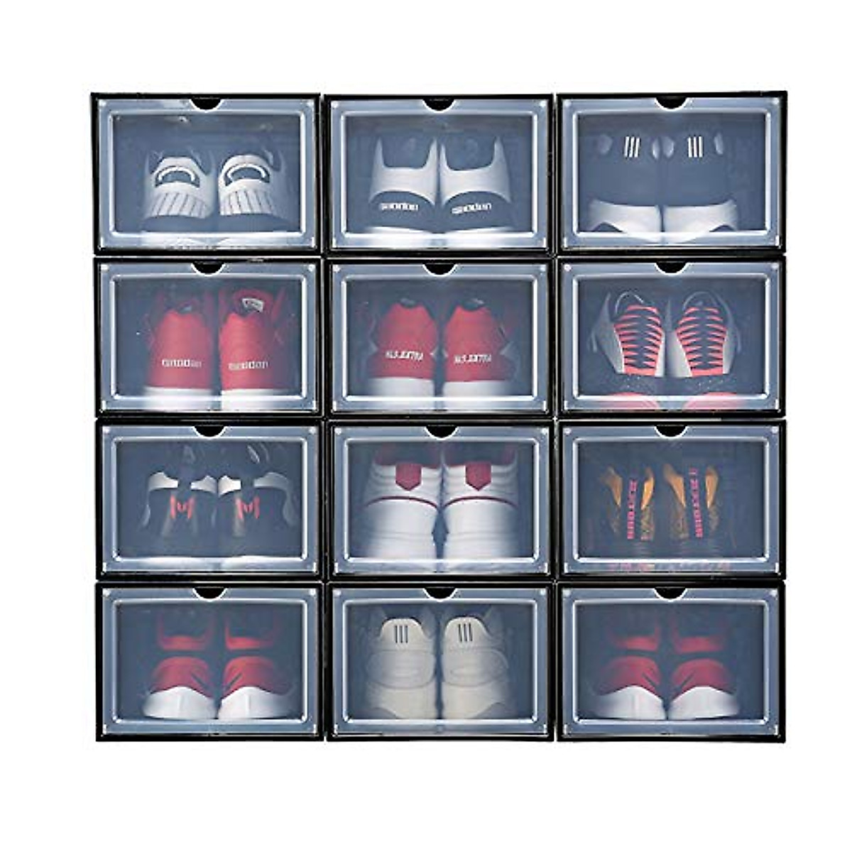 stackable sports shoe box, rear-opening magnetic door shoe box,Transparent Shoe Storage Container , large sturdy storage box | Family organization and storage (black, 4Piece)