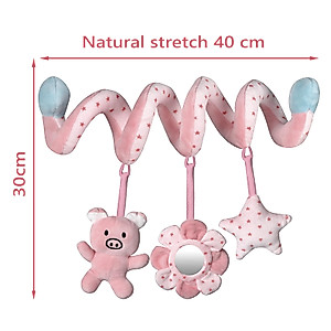 Car Seat Toys, Infant Baby Pink Pig Spiral Activity Hanging Toys Stroller Toys for Car Seat Stroller Bar Crib Bassinet Mobile with Mirror BB Squeaker and Rattles