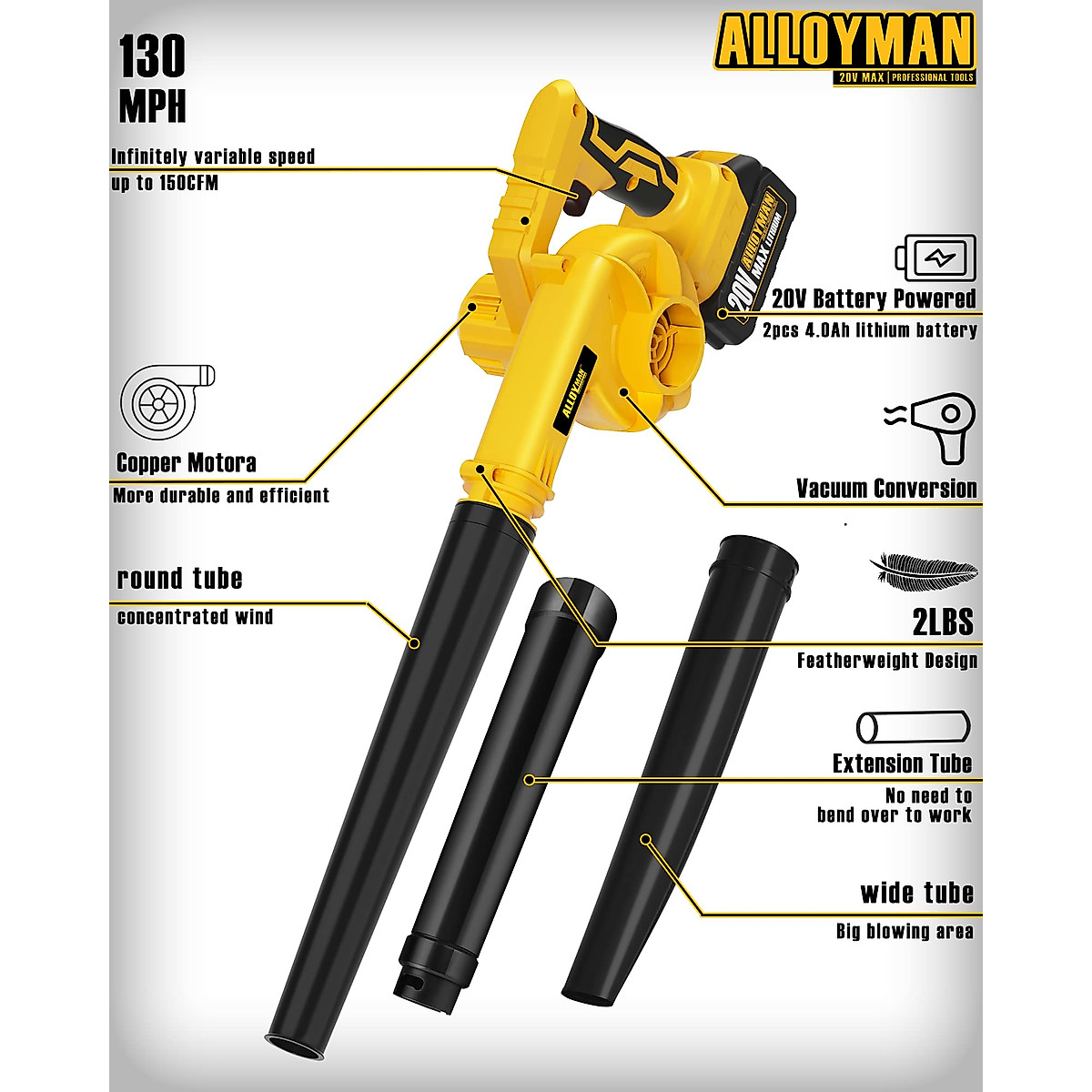 Alloyman Leaf Blower, 20V Cordless Leaf Blower, with 4.0Ah Battery & Charger, 2-in-1 Electric Leaf Blower & Vacuum for Yard Cleaning/Snow Blowing.