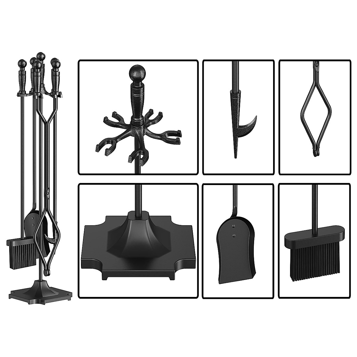 Fire Beauty Fireplace Tools Set 5 Pieces Wrought Iron Fireset Fire Pit Poker Wood Stove Log Tongs Holder Fireplace Tool Set with Pedestal Place