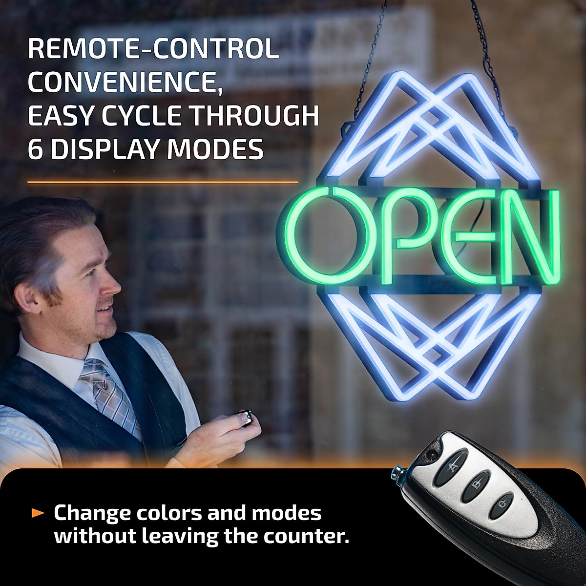 Open Sign with 49 Color Combinations, Stand Out! - Neon LED Open Sign for Business Window w Remote - Large Jumbo Bright LEDs Visible Day and Night - by Element Lux - 20 x 22in