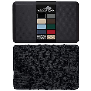 Kangaroo Anti Fatigue Cushion Mat and Chenille Bath Rug, Antifatigue Mat Size 24x17, Foam Pad Relieves Pressure, Bath Rug Size 36x24, Machine Washable, Both in Black, 2 Item Bundle