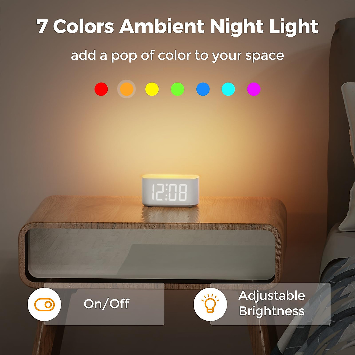 ONLAKE Alarm Clock for Bedrooms, Large Display Digital Clocks with 2 Alarms, 7 Color Larger Night Light, Battery Backup, Dimmer, Adjustable Volume, Easy Snooze (White)