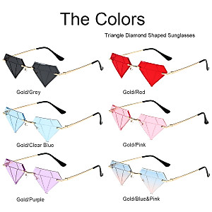 JOVAKIT Triangle Diamond Shaped Sunglasses for Women Men Vintage Rimless Sun Glasses Retro Rave Party Halloween Eyeglasses (Gold/Blue&Pink)
