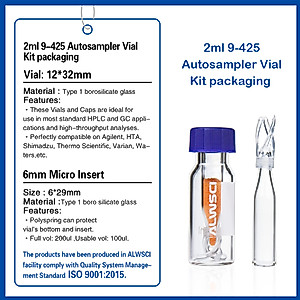 ALWSCI 2ml 9mm HPLC Vial, Clear Autosampler Vial Graduation, 9-425 Blue Screw Cap with Hole, White PTFE&Red Silicone Septa and Polyspring 6mm Insert Diameter, Volume 200µl (Pack of 100)