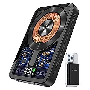 LUWUIDEN 5000mAh Magnetic Wireless Power Bank, Transparent Portable iPhone Charger, Ultra Slim Battery Pack w/LED Display, Emergency Wireless Charger, 20W PD Fast Charge for iPhone 14/13/12 Series