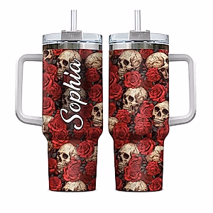 Hyturtle Personalized Gothic Skull Tumbler - Sunflower Gifts For Skeleton Lover - Horror Lover Gift - Gift For Women On Halloween - Skull Lover Gift - Custom Travel Coffee Cup 40oz With Lid And Straw