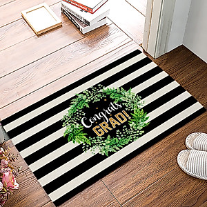 Congrats Grad Bachelor Cap Spring Garlands Doormat Bath Rugs Non Slip, Washable Cover Floor Rug Absorbent Carpets Floor Mat Home Decor for Kitchen Bedroom Black and White Geometric Stripes (16x24)