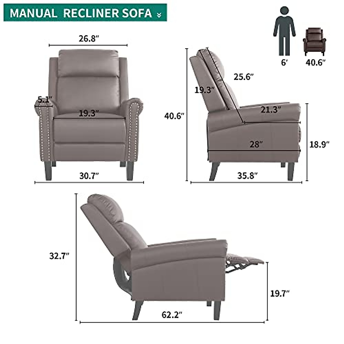 YITAHOME Leather Recliner Chair Set of 2, Push Back Recliner with Comfortable Arms and Back, Accent Chair Single Sofa Adjustable for Living Room, Home Theater Seating, Brown