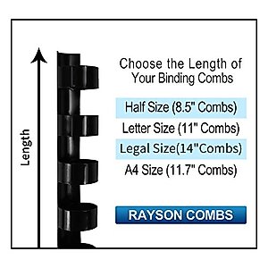 Rayson CR-12-100-M Plastic Binding Combs 1/2in. 21-Ring, 90-Sheet Capacity, Colorful Comb Binding Spines, Max. Binding A4 Size Paper (8.3"×11.7"), Box of 100