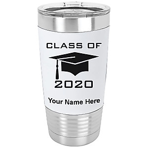 LaserGram 20oz Vacuum Insulated Tumbler Mug, Grad Cap Class of 2023, 2024, 2025, 2026, 2027, Personalized Engraving Included (Silicone Grip, White)