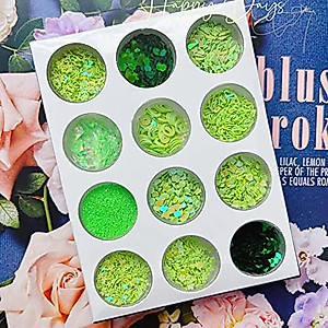Craft Glitter Sequin, 12 Grids Multiple Shapes Nail Glitter Sequins Hand Made DIY High Flash for Homemade Cards(Green)
