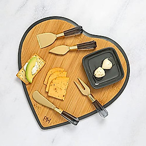 Paris Hilton Charcuterie Board and Serving Set, Bamboo Serving Board, Ceramic Dish, Cheese Utensils with Titanium Coated Blades, 6-Piece Set, Charcoal Gray