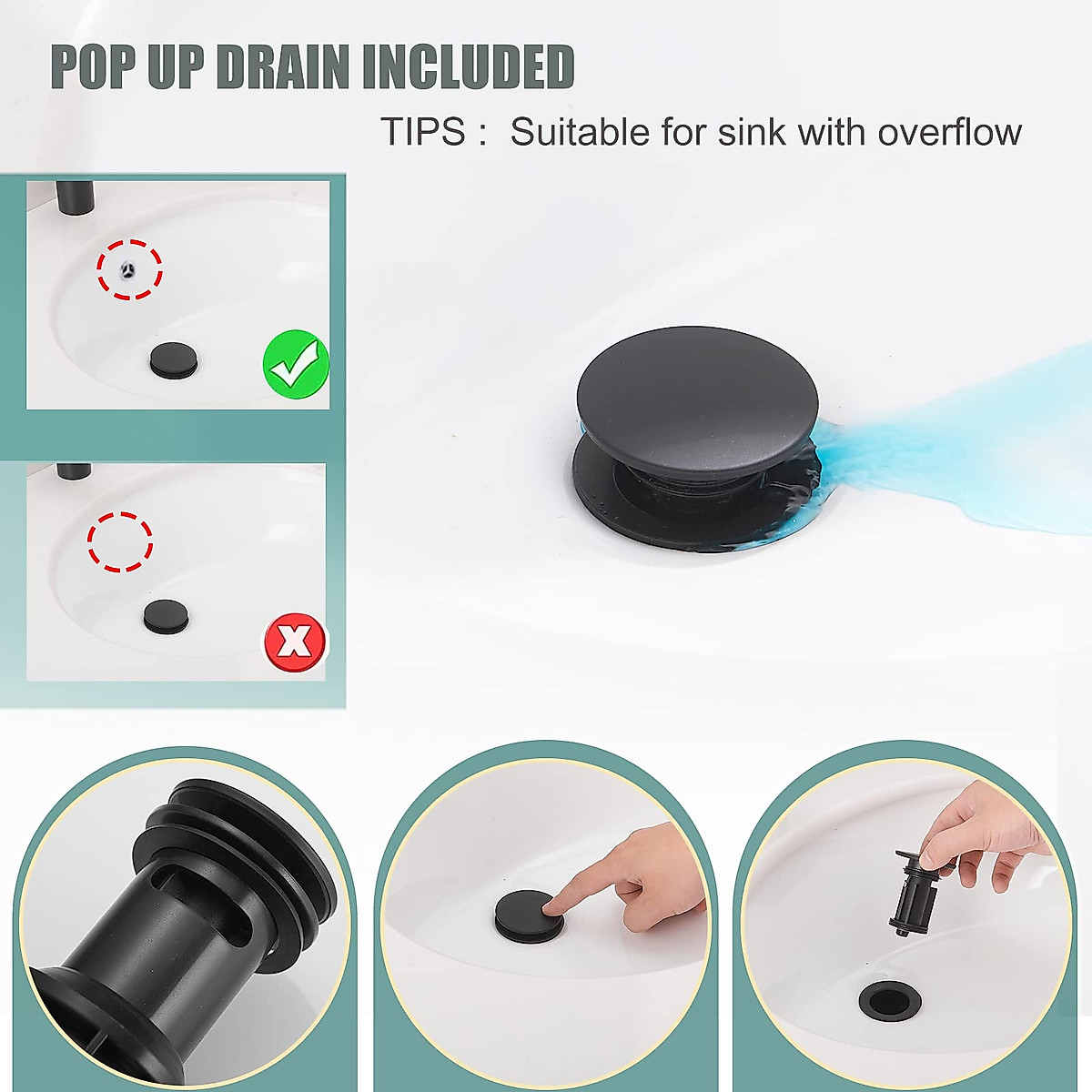 Hoimpro 3 Holes 4 Inch Bathroom Faucet, Waterfall Matte Black Bathroom Faucet Two Handles Centerset Bathroom Sink Faucet Vanity Sink Faucet with cUPC Supply Hoses and Pop Up Drain