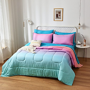 inron Rainbow Kids Comforter Sets for Teen Girls, Bed in a Bag, Ultra Soft Microfiber Comforter and Sheet Sets, All Season Bedding Set (Rainbow, Twin)